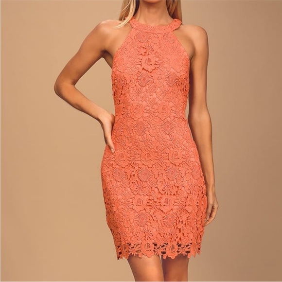 Lulus | Dresses | Lulus Coral Lace Halter Sheath Dress | Poshmark